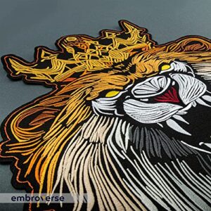 EMBROVERSE Royal Lion Large Back Patch - Golden King Crown - Angry Wild Animal Head - Embroidered Iron On - 11.6 x 15.4 inches