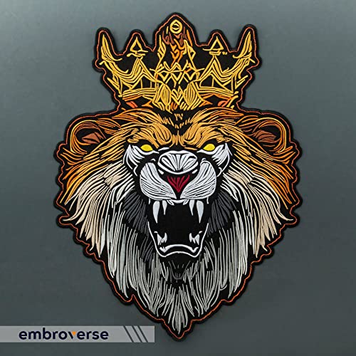 EMBROVERSE Royal Lion Large Back Patch - Golden King Crown - Angry Wild Animal Head - Embroidered Iron On - 11.6 x 15.4 inches