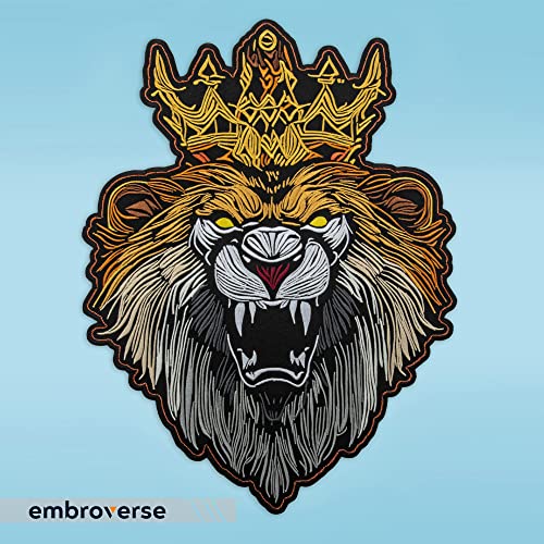 EMBROVERSE Royal Lion Large Back Patch - Golden King Crown - Angry Wild Animal Head - Embroidered Iron On - 11.6 x 15.4 inches