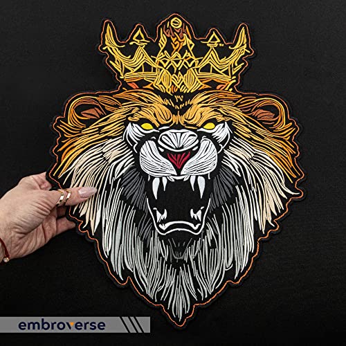 EMBROVERSE Royal Lion Large Back Patch - Golden King Crown - Angry Wild Animal Head - Embroidered Iron On - 11.6 x 15.4 inches