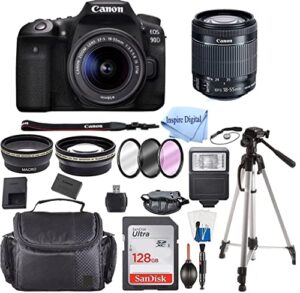 canon eos rebel 90d dslr camera w/ef-s 18-55mm f/3.5-5.6 lens +128gb high speed memory + case + filters + tripod + inspire digital cloth & more (renewed)