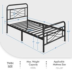 Topeakmart Twin Bed Frames Metal Bed with Vintage Style/Criss-Cross Design Headboard/Mattress Foundation/No Box Spring Needed/Under Bed Storage/Strong Slat Support Black Twin Bed