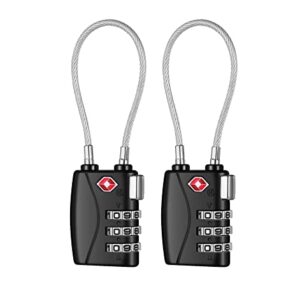 NAGE 3-Digit Cable Lock, TSA Approved Luggage Locks for Suitcase, Gym Lockers, Travel Baggage (2 Pack, Black)