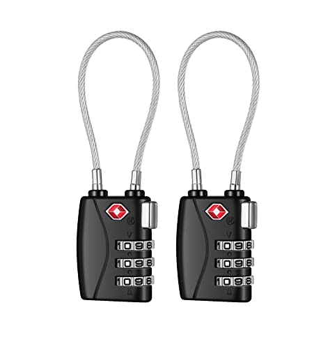 NAGE 3-Digit Cable Lock, TSA Approved Luggage Locks for Suitcase, Gym Lockers, Travel Baggage (2 Pack, Black)