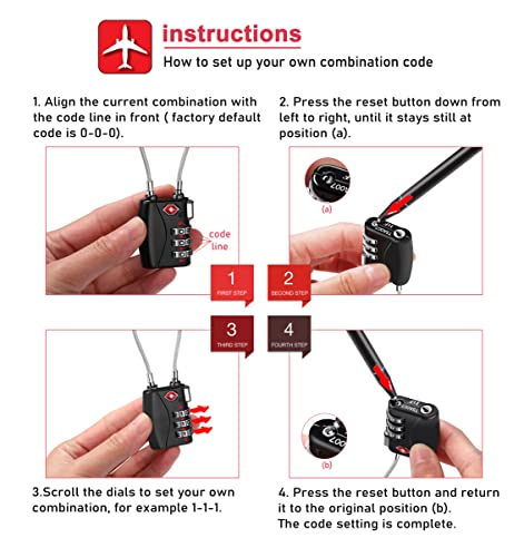 NAGE 3-Digit Cable Lock, TSA Approved Luggage Locks for Suitcase, Gym Lockers, Travel Baggage (2 Pack, Black)