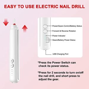 Nail Drill for Acrylic Nails, Cordless Electric Nail File for Gel Remover and Polish, Professional Manicure Set & Pedicure Tool Kits for Home Salon Use, Rechargeable and Portable-White