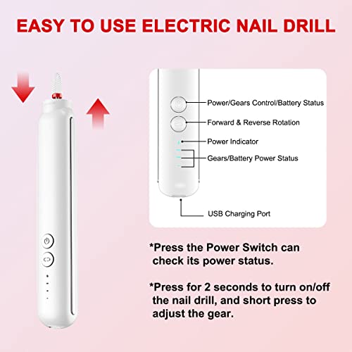 Nail Drill for Acrylic Nails, Cordless Electric Nail File for Gel Remover and Polish, Professional Manicure Set & Pedicure Tool Kits for Home Salon Use, Rechargeable and Portable-White