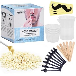 keethem nose wax kit for men and women - instant hair removal, 100g hard wax, 20 applicators, 10 mustache guards, and 10 paper cups - painless, safe, and long-lasting results with 20x usage - black applicators