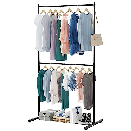 KKgoubz Clothes Rack Double Rod Clothing Rack,Garment Racks for Hanging Clothes,Metal Garment Rack with Bottom Storage,Carbon Steel Black