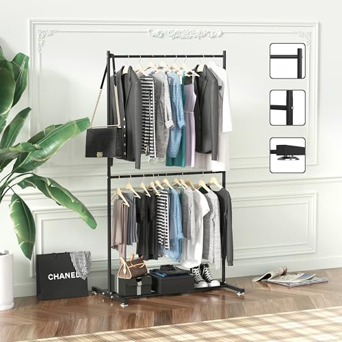 KKgoubz Clothes Rack Double Rod Clothing Rack,Garment Racks for Hanging Clothes,Metal Garment Rack with Bottom Storage,Carbon Steel Black