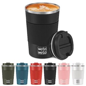 wetoweto 12oz coffee cup, insulated travel coffee mug, stainless steel coffee tumbler, spill proof coffee mug with lid, portable thermal mug, reusable travel coffee cup for hot and cold(black)