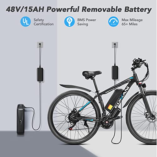 EXRBYKO 29” Electric Bike for Adults with 750W Brushless Motor 48V 15AH 720WH Battery, Up to 65 Miles 32MPH Mountain Ebike with 21-Speed Gears, IP7 Waterproof Electric Bicycle E Bike for Commuter