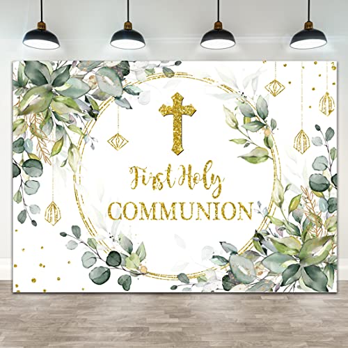 Wollmix 1st First Communion Baptism Decorations Backdrop 7x5ft God Bless Holy Communion Banner Christening Gold Dots Green Leaves Photography Background Baby Shower Banner Photo Booth Props