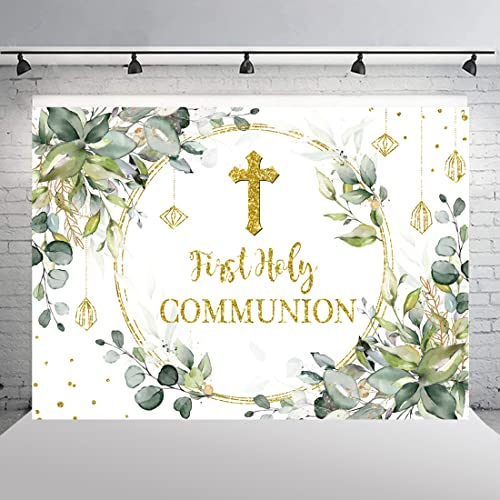 Wollmix 1st First Communion Baptism Decorations Backdrop 7x5ft God Bless Holy Communion Banner Christening Gold Dots Green Leaves Photography Background Baby Shower Banner Photo Booth Props