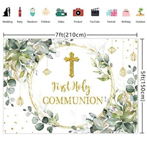 Wollmix 1st First Communion Baptism Decorations Backdrop 7x5ft God Bless Holy Communion Banner Christening Gold Dots Green Leaves Photography Background Baby Shower Banner Photo Booth Props