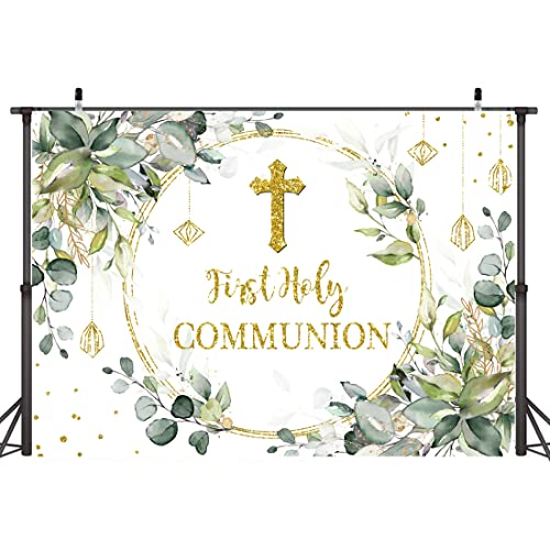 Wollmix 1st First Communion Baptism Decorations Backdrop 7x5ft God Bless Holy Communion Banner Christening Gold Dots Green Leaves Photography Background Baby Shower Banner Photo Booth Props