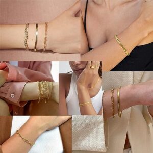 Poxtex Gold Bracelets for Women, 14K Gold Dainty Waterproof Adjustable Bracelets for Women Trendy, Gold Jewelry Sets Inclued Beaded, Cuban, Paperclip, Herringbone, Rope, 7"+2" Extender Chain