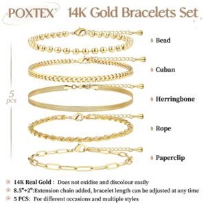 Poxtex Gold Bracelets for Women, 14K Gold Dainty Waterproof Adjustable Bracelets for Women Trendy, Gold Jewelry Sets Inclued Beaded, Cuban, Paperclip, Herringbone, Rope, 7"+2" Extender Chain