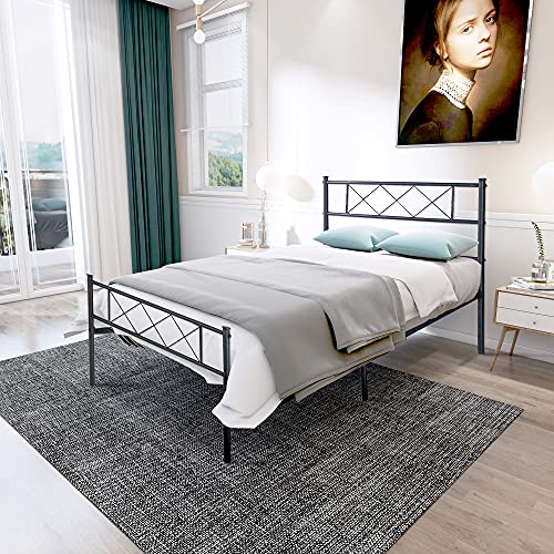 SYING88 LT Double Size Single Metal Bed Frame - Black Low Profile for Adults and Children with Headboard and Large Storage Space for Boys Girls