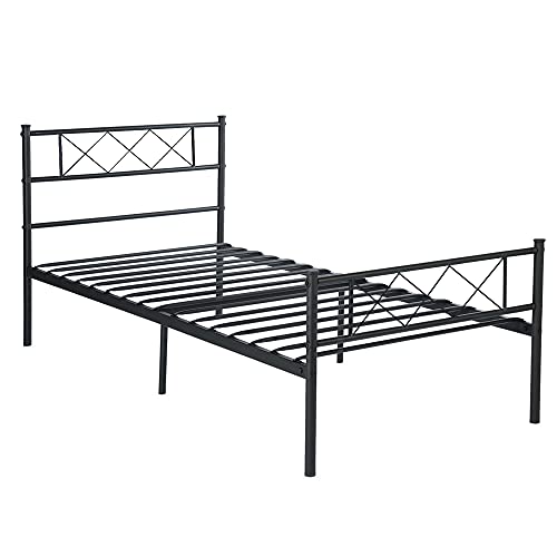 SYING88 LT Double Size Single Metal Bed Frame - Black Low Profile for Adults and Children with Headboard and Large Storage Space for Boys Girls