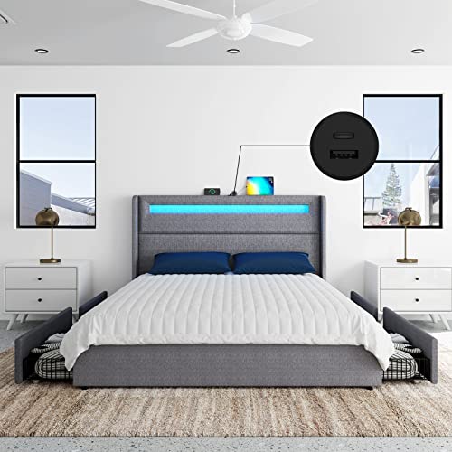 LUXOAK Queen LED Bed Frame with Wingback Headboard & 4 Storage Drawers, Upholstered Platform Bed with USB & USB-C Ports, App/Remote Control, Box Spring Optional, Light Grey…