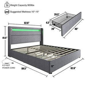 LUXOAK Queen LED Bed Frame with Wingback Headboard & 4 Storage Drawers, Upholstered Platform Bed with USB & USB-C Ports, App/Remote Control, Box Spring Optional, Light Grey…