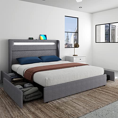 LUXOAK Queen LED Bed Frame with Wingback Headboard & 4 Storage Drawers, Upholstered Platform Bed with USB & USB-C Ports, App/Remote Control, Box Spring Optional, Light Grey…