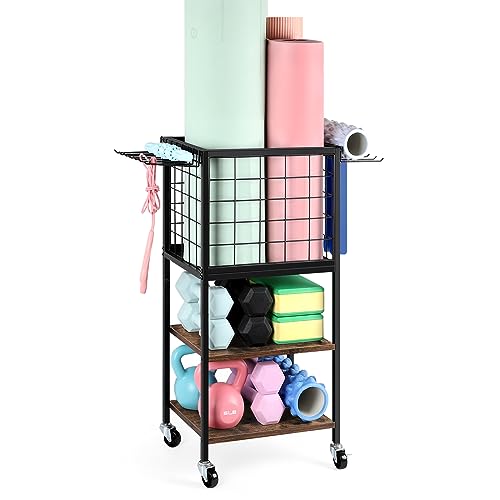 Weight Rack for Home Gym Dumbbells Yoga Mat Storage Rack Cart Small Metal Wood Home Gym Workout Equipment Storage with Hooks for Yoga Block Foam Rollers Resistance Bands