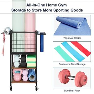 Weight Rack for Home Gym Dumbbells Yoga Mat Storage Rack Cart Small Metal Wood Home Gym Workout Equipment Storage with Hooks for Yoga Block Foam Rollers Resistance Bands