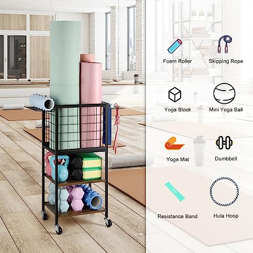 Weight Rack for Home Gym Dumbbells Yoga Mat Storage Rack Cart Small Metal Wood Home Gym Workout Equipment Storage with Hooks for Yoga Block Foam Rollers Resistance Bands