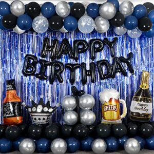 navy blue and black birthday decorations for men women, blue and silver birthday party decorations with happy birthday banner,fringe curtains,happy birthday decorations for boys girls party supplies