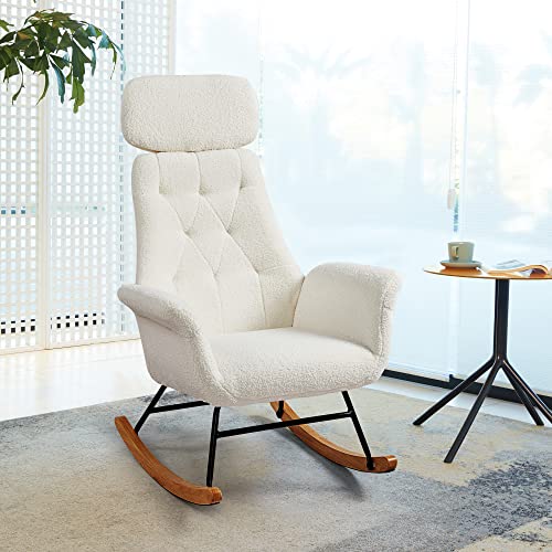 Wirrytor Modern Nursery Rocking Chair, Teddy Fabric Upholstered Glider Rocker Chair, Rocking Accent Chair with High Backrest Armchair Comfy Side Chair for Living Room Bedroom Home Offices(Teddy Beige)