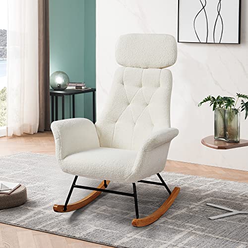 Wirrytor Modern Nursery Rocking Chair, Teddy Fabric Upholstered Glider Rocker Chair, Rocking Accent Chair with High Backrest Armchair Comfy Side Chair for Living Room Bedroom Home Offices(Teddy Beige)