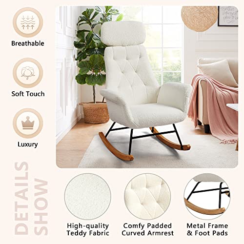 Wirrytor Modern Nursery Rocking Chair, Teddy Fabric Upholstered Glider Rocker Chair, Rocking Accent Chair with High Backrest Armchair Comfy Side Chair for Living Room Bedroom Home Offices(Teddy Beige)