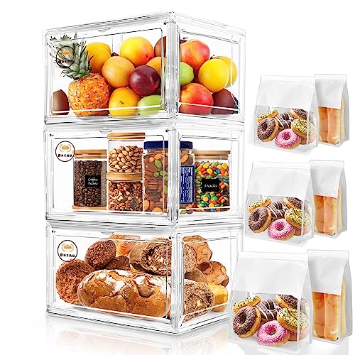 EDS FAM 3PCS Bread Box for Kitchen Countertop 14.2 * 10.6 * 7.8in Transparent Bread Storage Container Stackable Bread Bin