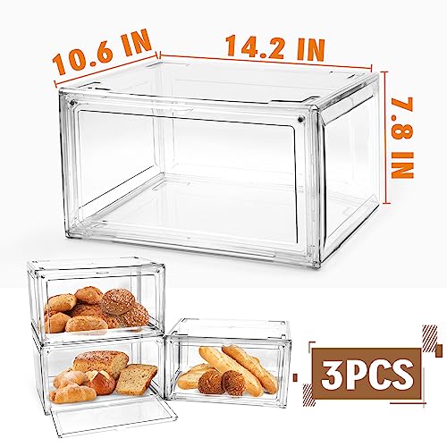 EDS FAM 3PCS Bread Box for Kitchen Countertop 14.2 * 10.6 * 7.8in Transparent Bread Storage Container Stackable Bread Bin