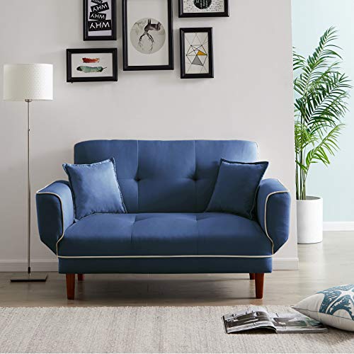 LCH Convertible Bed with 2 Pillows,Loveseat Sleeper Futon, Recliner Couch with Adjustable Armrest and Wood Legs,Living Room Sofa with 5-Angle Backrest for Small Space(Navy Blue)