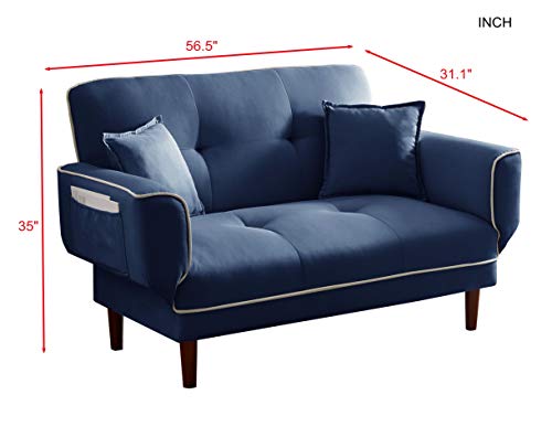 LCH Convertible Bed with 2 Pillows,Loveseat Sleeper Futon, Recliner Couch with Adjustable Armrest and Wood Legs,Living Room Sofa with 5-Angle Backrest for Small Space(Navy Blue)