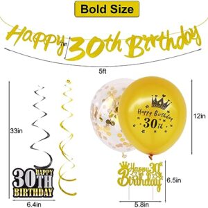 WOJOGO 30th Birthday Decorations for Him, Gold Black 30 Birthday Decorations for Women Men, Happy 30th Birthday Banner Hanging Swirls Birthday Cake Topper Balloons Decor Kit for Party Supplies