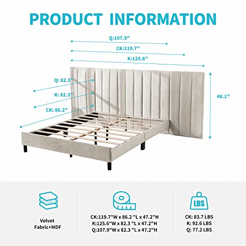 CECER California King Bed Frame with Upholstered Extended Headboard, Vertical Tufted Velvet Bed Platform Furniture for Bedroom/Easy Assembly/Solid Wood Slats Support/No Box Spring Needed - Beige