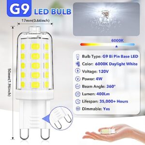 MAXvolador G9 LED Bulb Dimmable, Daylight White 6000K, 4W G9 Base Light Bulbs, 40W T4 Halogen Equivalent, Bi Pin Base G9 Chandelier Lighting, No-Flicker 360°Beam Angle, 120V 450LM, 6 Pack