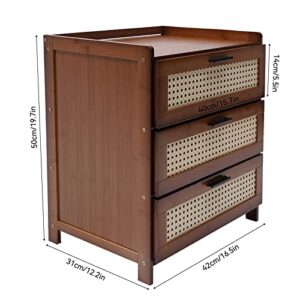 XUANIIIL Nightstand Set of 2 with 3 Drawer, Mid-Century Modern End Table, Practical Vintage Bamboo Accent Wood Sofa Bed Side Table with Storage for Small Spaces, Bedroom, Living Room (Wood, 1 Pack)