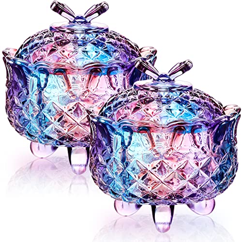 Yaomiao 2 Pcs Purple Blue Crystal Candy Jar with Lid 10 oz Glass Candy Dish Vintage Embossed Glass Candy Jar for Cookie Wedding Buffet