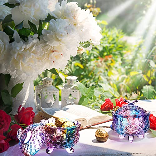 Yaomiao 2 Pcs Purple Blue Crystal Candy Jar with Lid 10 oz Glass Candy Dish Vintage Embossed Glass Candy Jar for Cookie Wedding Buffet