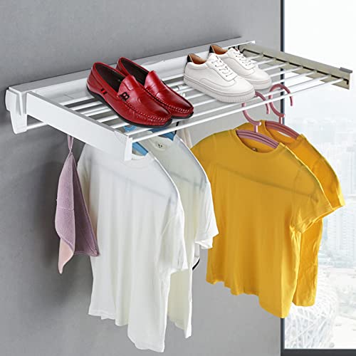 GNJINX Collapsible Wall Mounted Clothes Laundry Drying Rack - 7 Drying Rods with Towel Bar and Hooks, Space-Saver for Bedrooms Bathrooms Laundry Room Patios and Balcony - Easy to Install, White