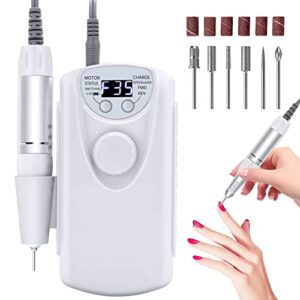 portable electric nail drill-- 35000rpm professional rechargeable nail file machine, cordless nail drill e file for remove gel polish nail for acrylic nails manicure salon home with bits kit, white