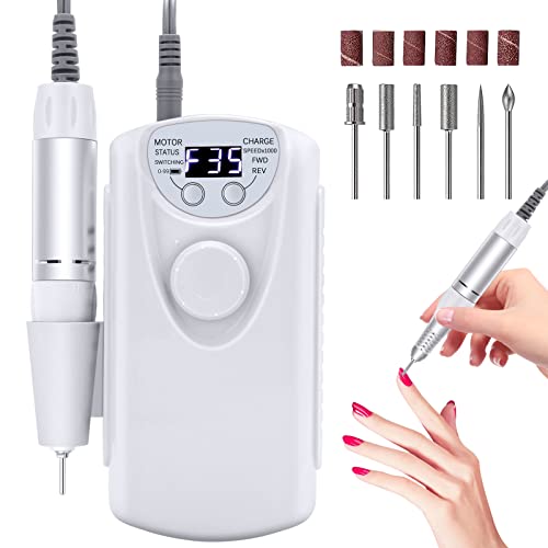 Portable Electric Nail Drill-- 35000RPM Professional Rechargeable Nail File Machine, Cordless Nail Drill E File for Remove Gel Polish Nail for Acrylic Nails Manicure Salon Home with Bits Kit, White