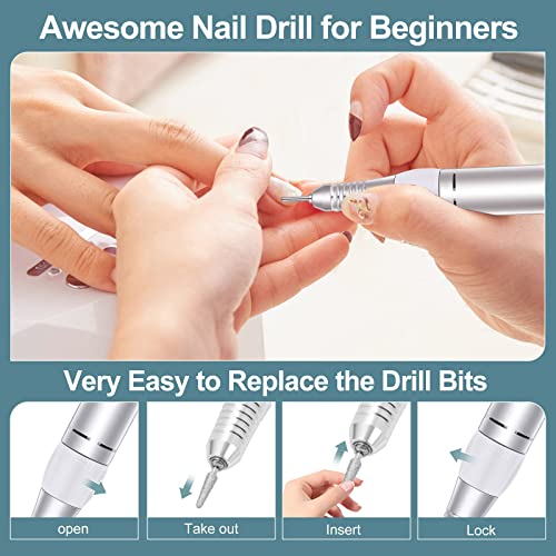 Portable Electric Nail Drill-- 35000RPM Professional Rechargeable Nail File Machine, Cordless Nail Drill E File for Remove Gel Polish Nail for Acrylic Nails Manicure Salon Home with Bits Kit, White