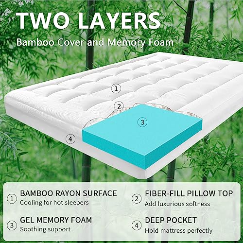 NEXHOME PRO Dual Layer 3 Inch Memory Foam Mattress Topper California King, 2 Inch Cooling Gel Memory Foam Plus 1 Inch Bamboo Pillow Top Cover Mattress Pad, Soft Support for Back Pain Relief