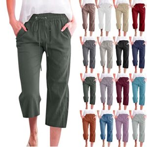 pant suits for women dressy capri pants casual 2023 summer drawstring elastic high waist linen pant straight wide leg cropped trouser